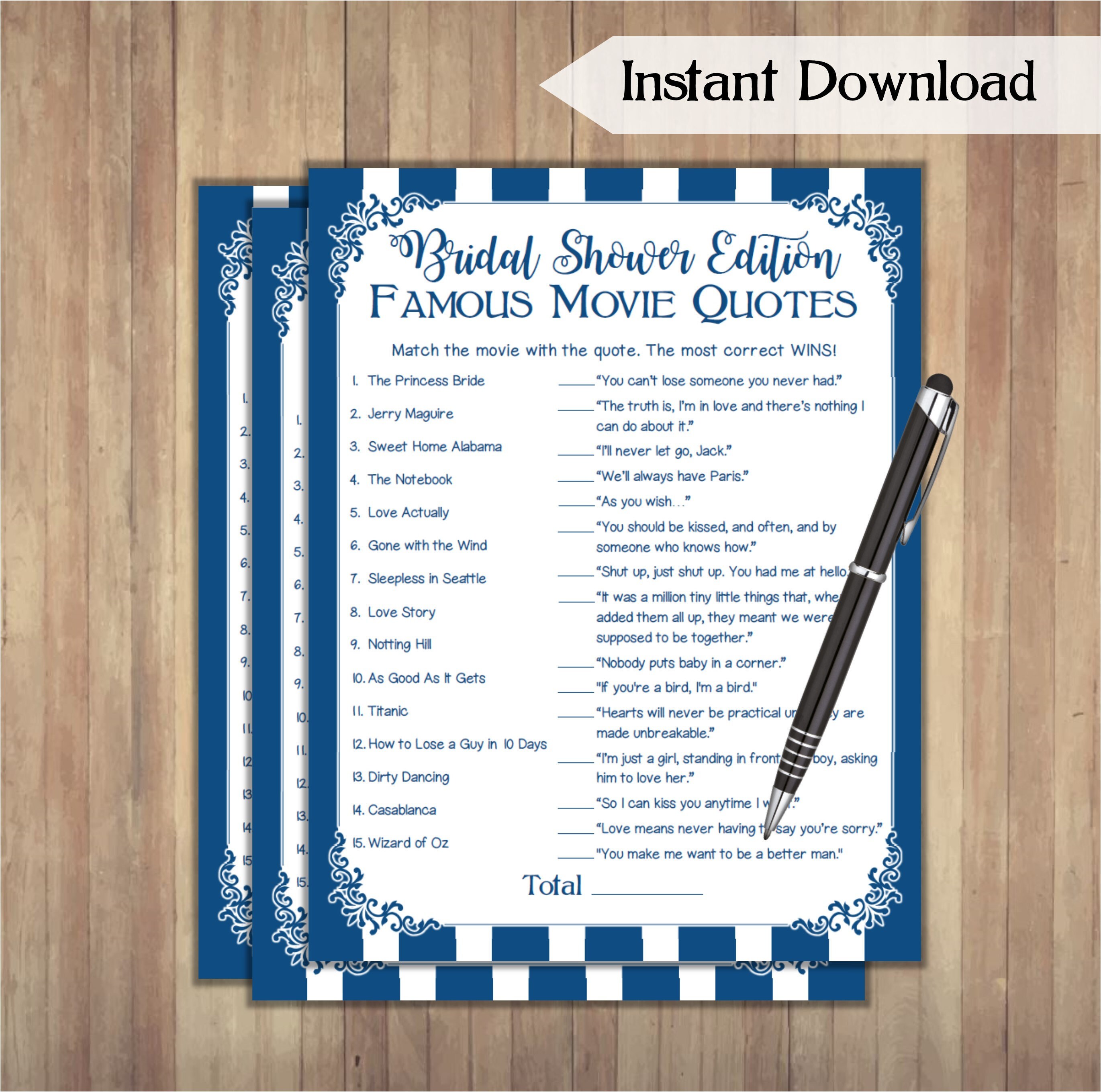 Famous Movie Quotes Match Game Bridal Shower Game Classic - Etsy