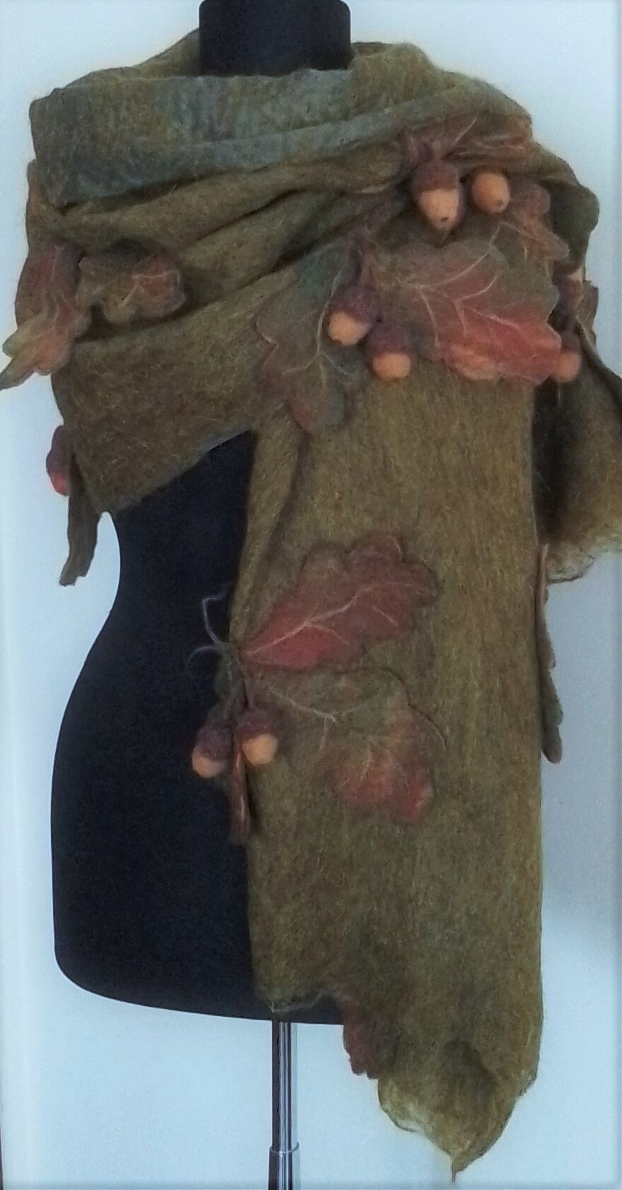 Oak Pattern Felt Scarf Ladies Forest Wrap Green 100% Naturel Merino ...