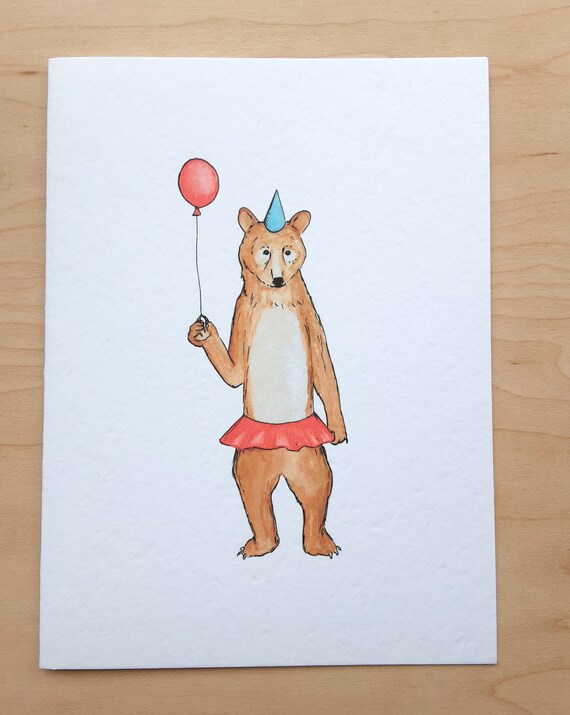 Bear and Balloon Birthday Card Bear Card Illustrated | Etsy