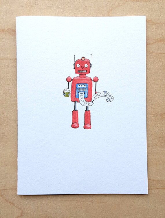 Robot Birthday Card Illustrated Birthday Card Handmade Card | Etsy