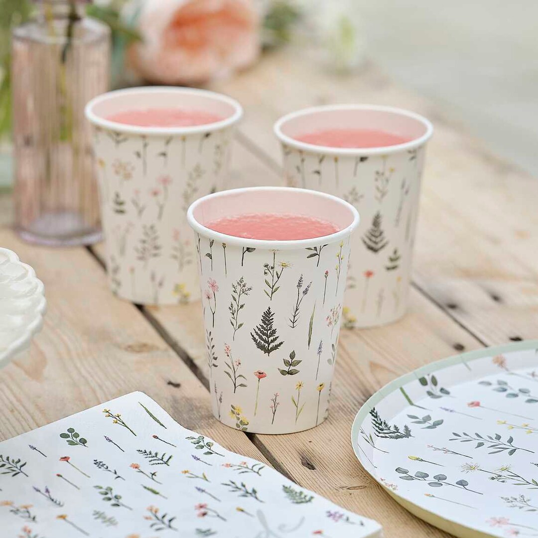 Floral Paper Cups - Boho Bridal Bloom Party Cups - Flowers & Green ...