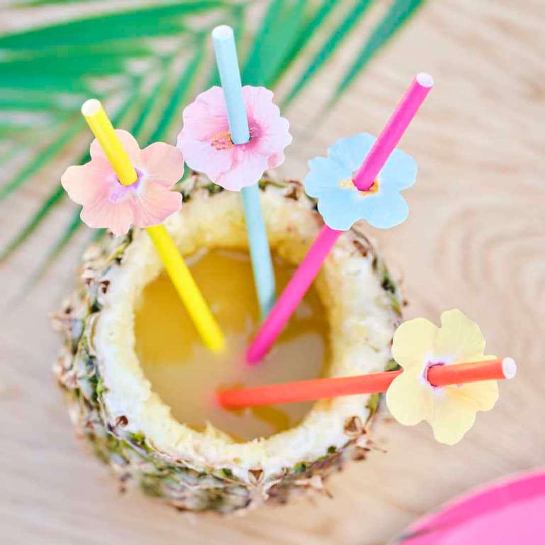 Hawaiian Paper Party Straws With Flower Toppers - Flowers Paper Straws ...
