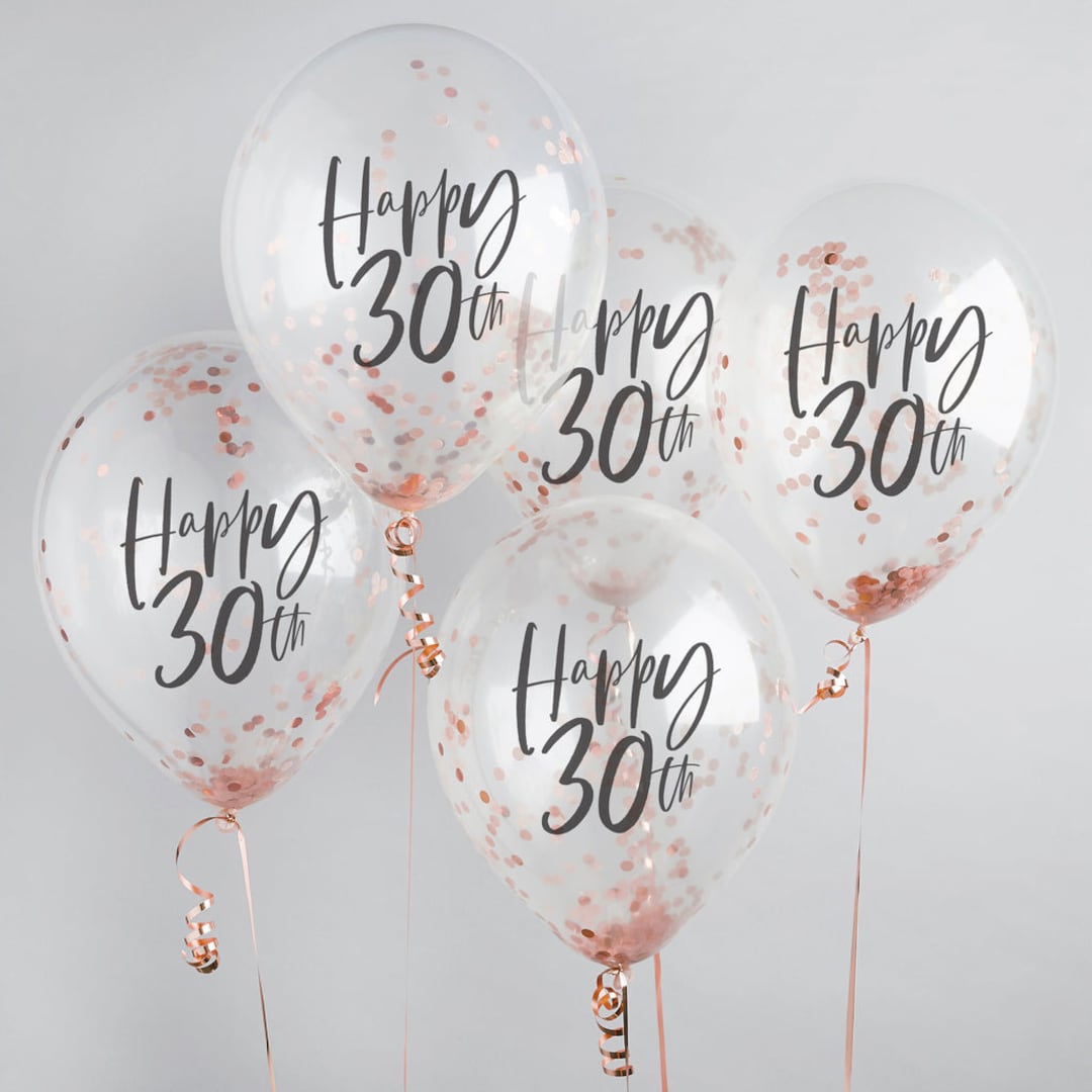 Happy 30th Rose Gold Confetti Balloons - 30th Birthday Balloons - Rose ...