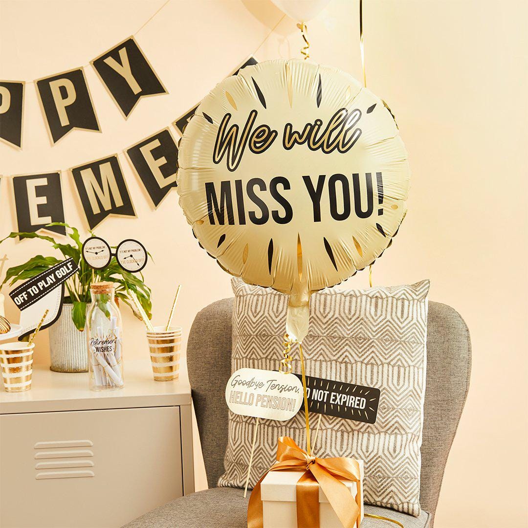 We Will Miss You Balloon - Cream & Black Round Retirement Balloon ...