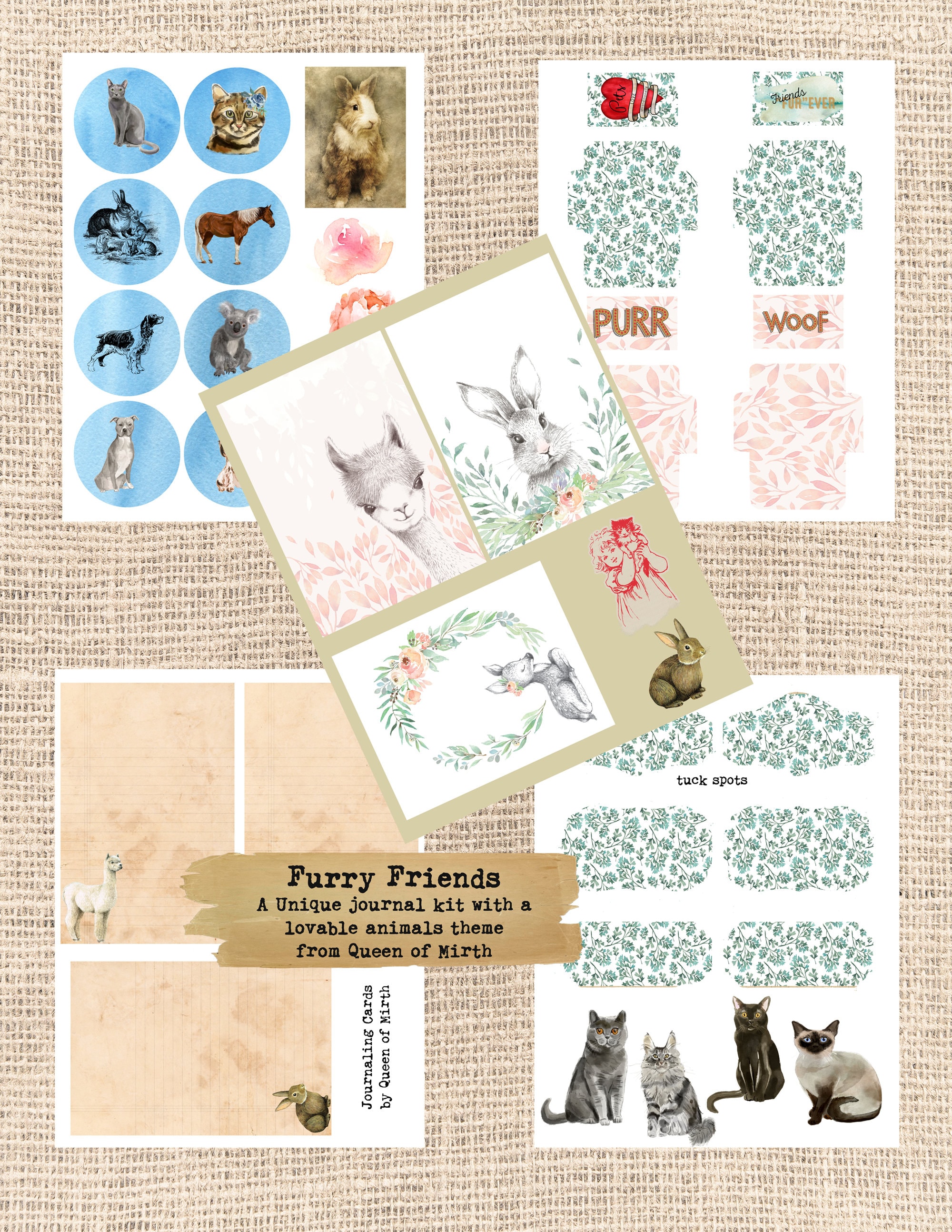 FURRY FRIENDS Journal Kit Printable Hedgehog Rabbits Lambs Llamas Dogs ...