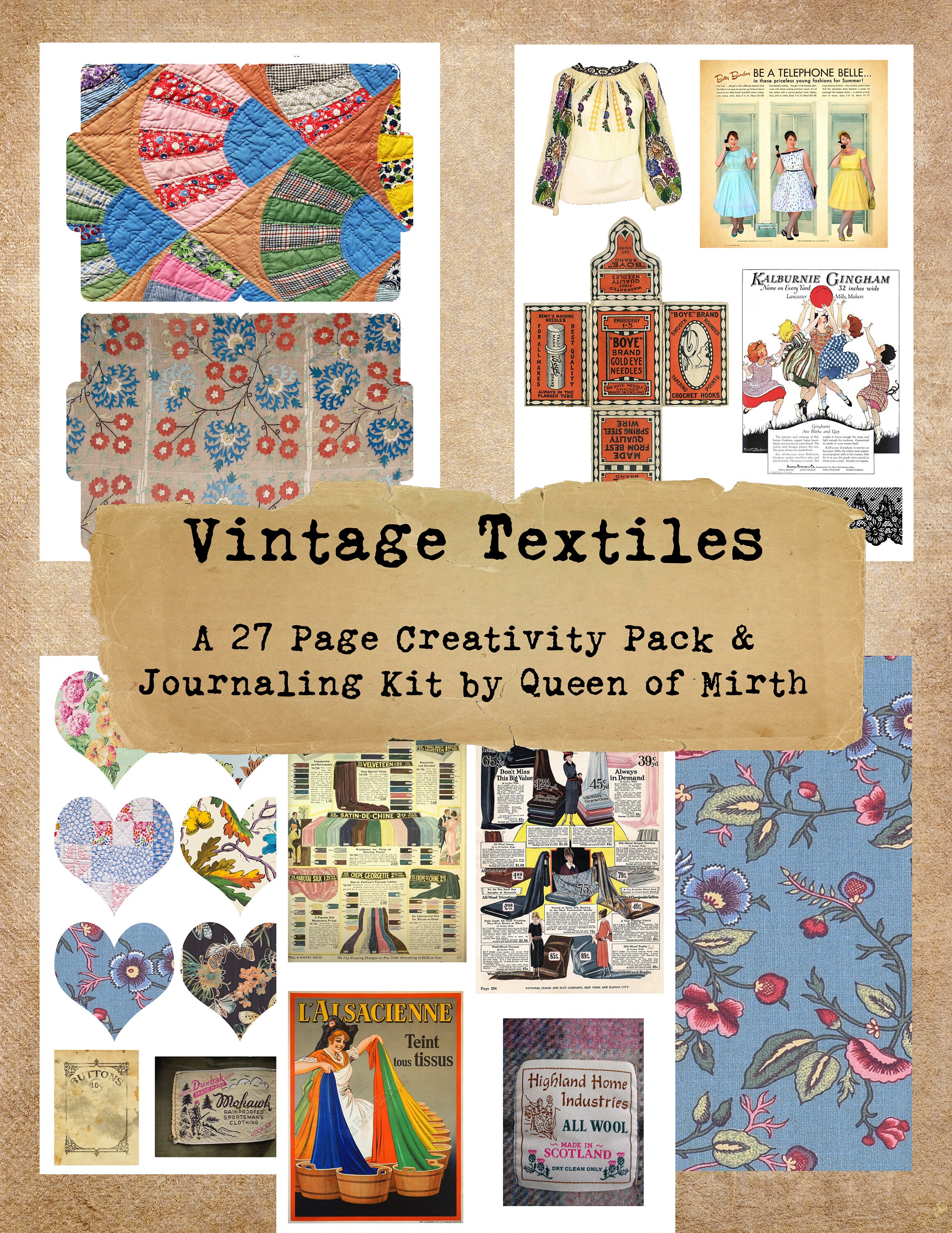 Vintage Fabrics Textiles Journal Kit Junk Journal Embroidery Quilts ...