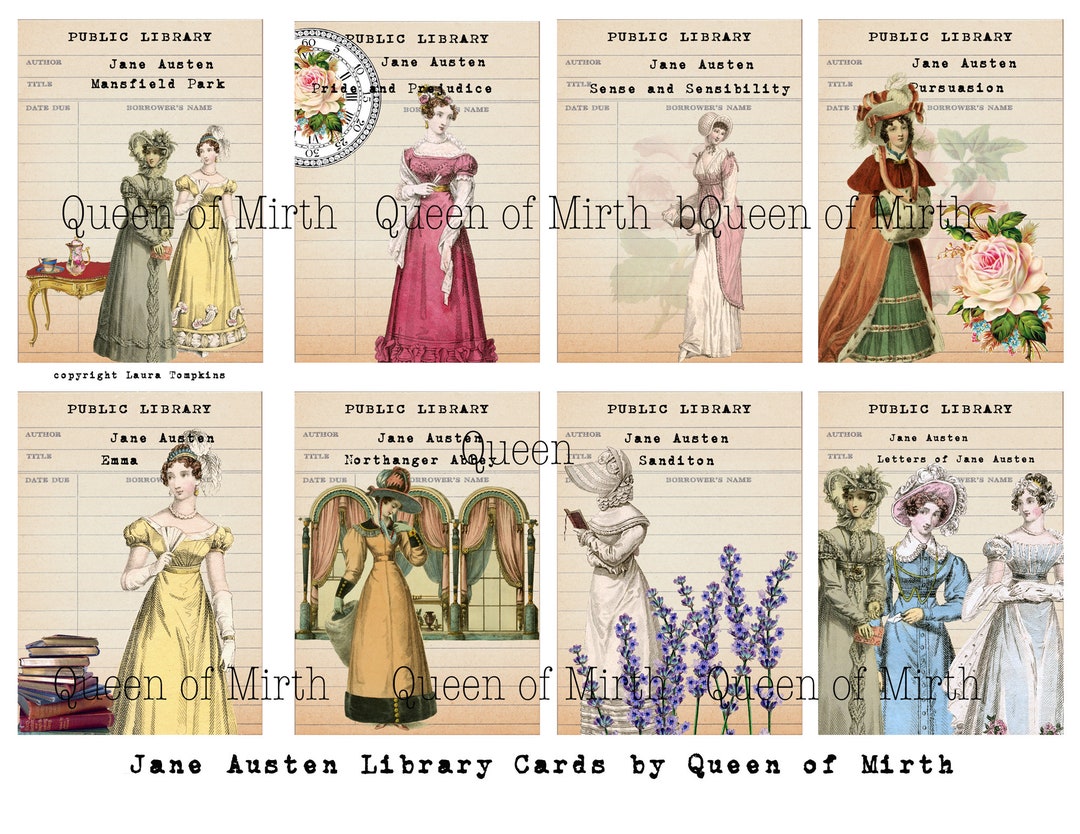 Jane Austen 8 Cards ATC 2.5" X 3.5" Digital Printable Library Card ...