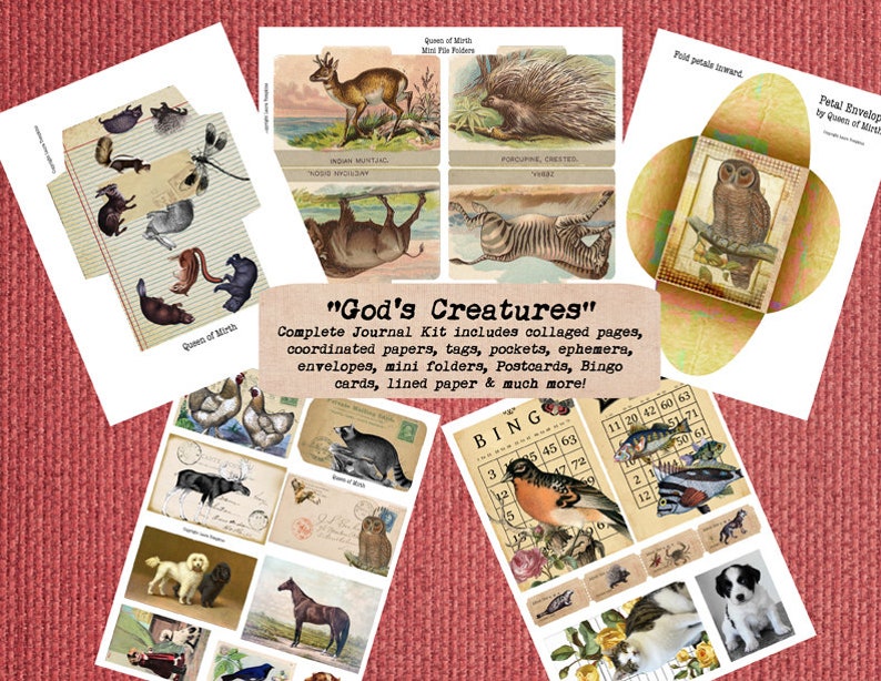 God's Creatures Animal Journaling Kit Collage Sheet Digital Jungle Dogs ...