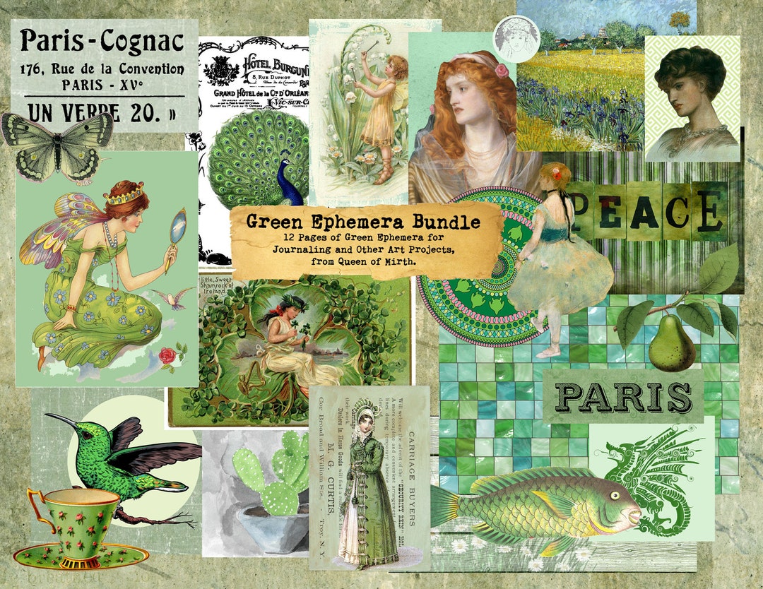 Green Ephemera Bundle Paper Pack Sage French Receipts Junk Journal ...