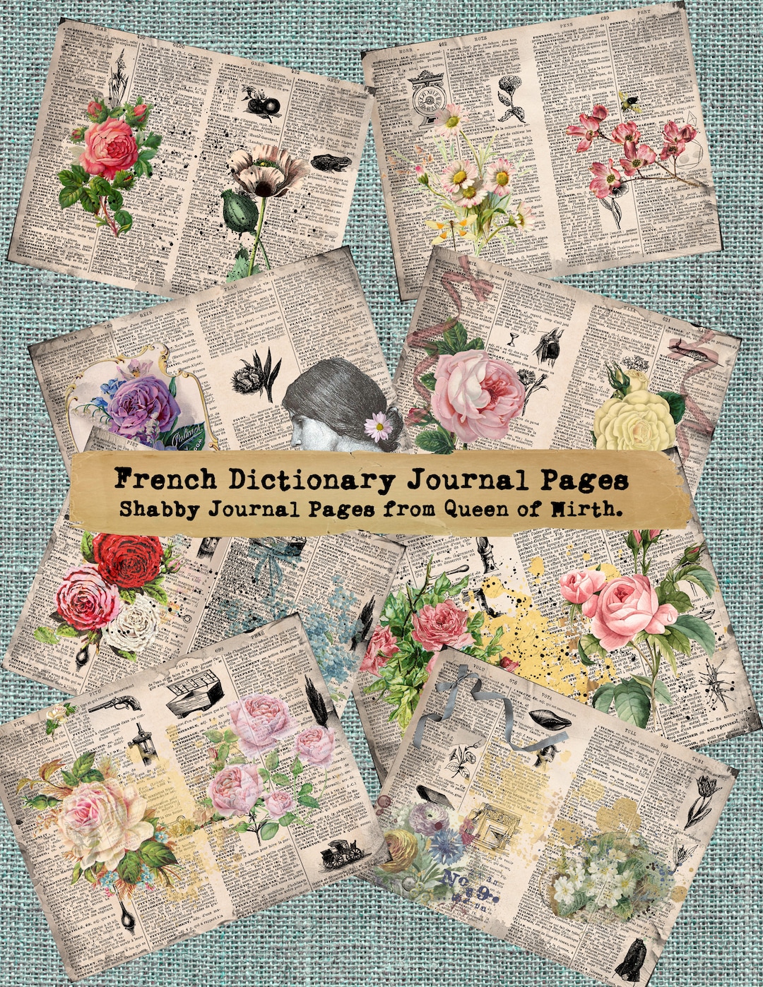 SHABBY French Dictionary Pages Floral Collage Junk Journal Vintage ...
