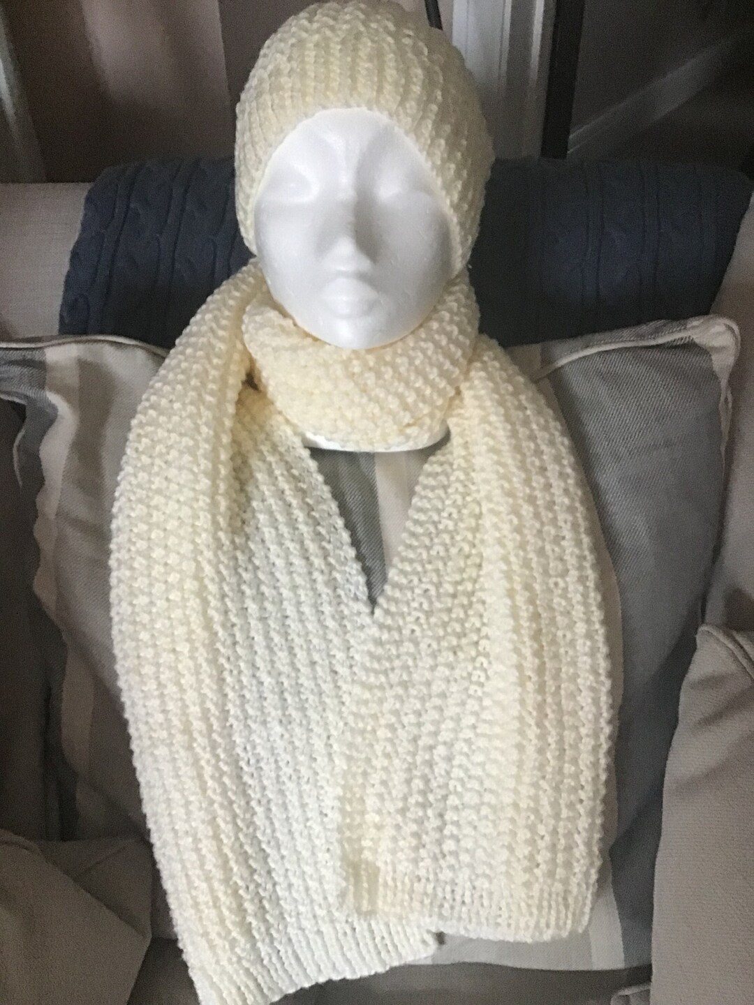 Hand Knitted Cream Aran Hat and Scarf Set - Etsy UK