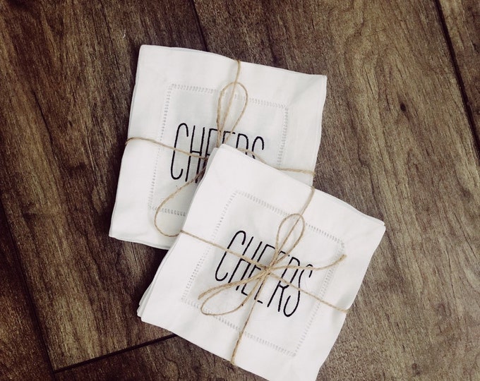 Set of 4 CHEERS Embroidered Linen Coasters - Etsy