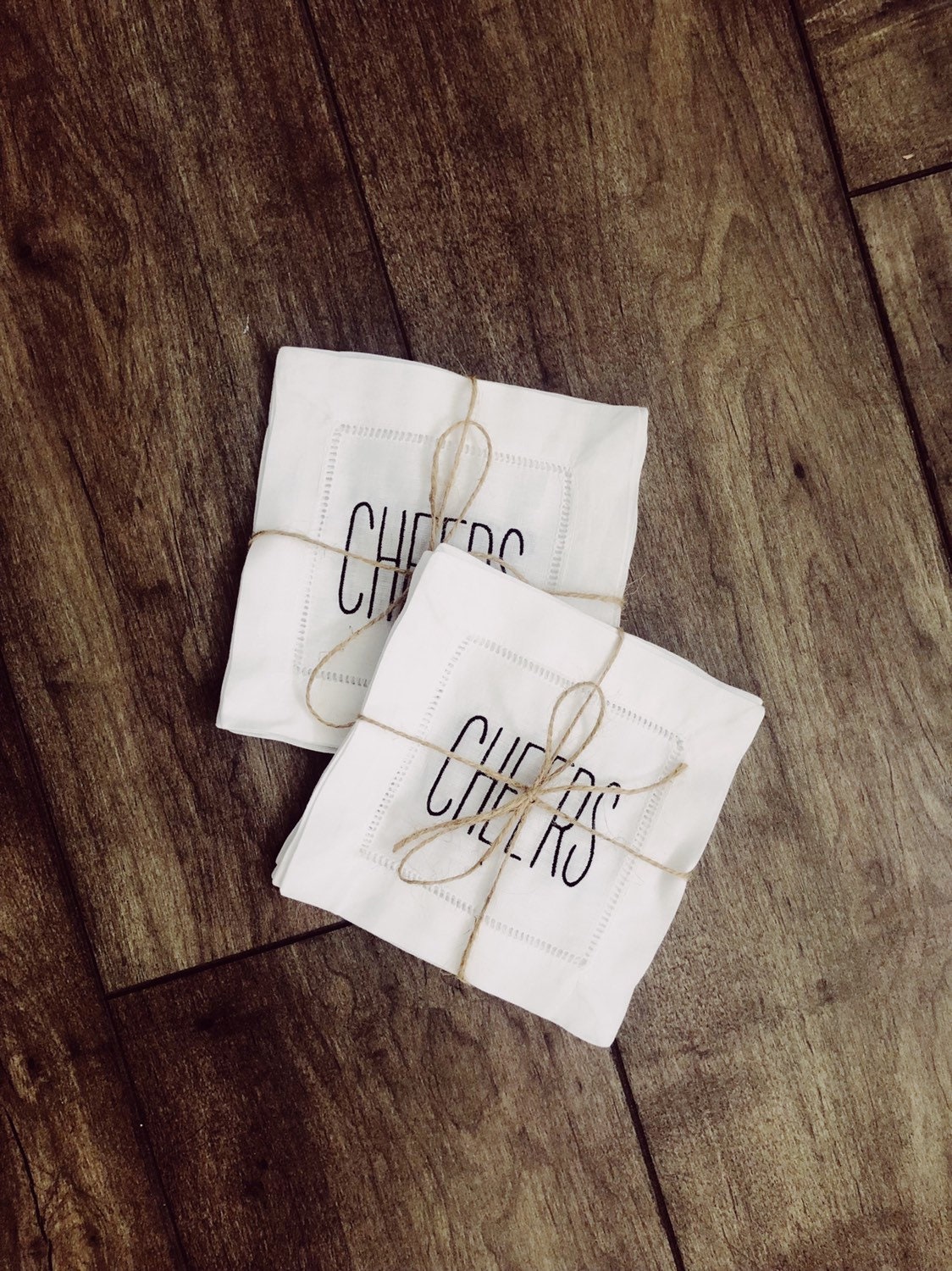 Set of 4 CHEERS Embroidered Linen Coasters | Etsy