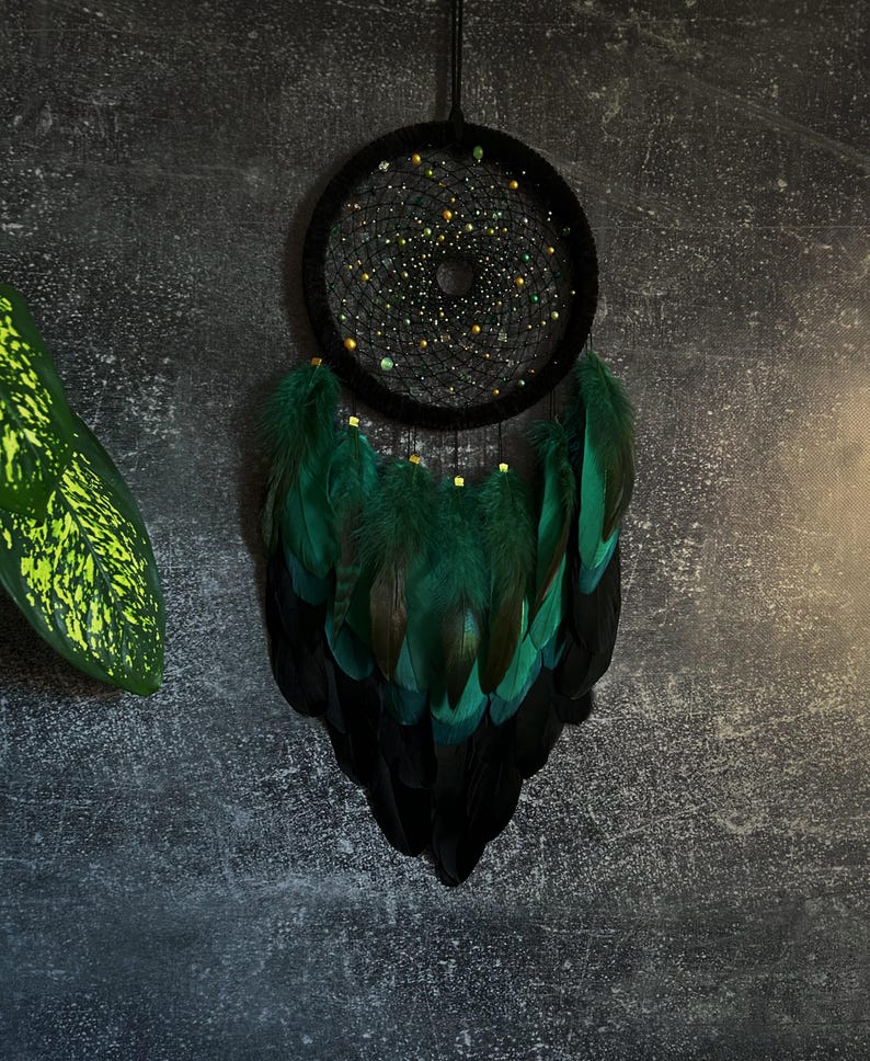 Black Dream Catcher Wall Hanging, Green Feather Option, Boho Decor ...