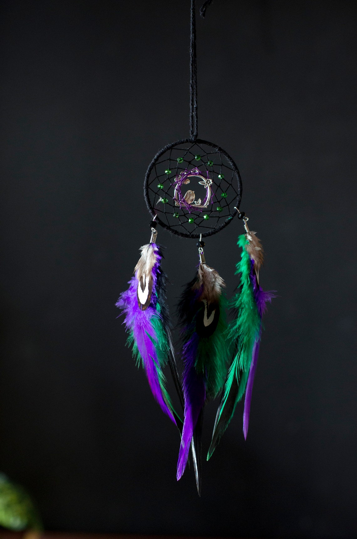 Dream Catcher for Car With Bird Charm. Purpla Black and Green - Etsy
