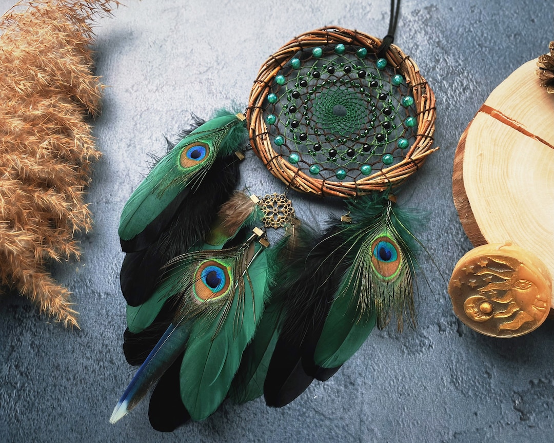 Natural Willow Dream Catcher, Peacock Green Feathers, Native American ...