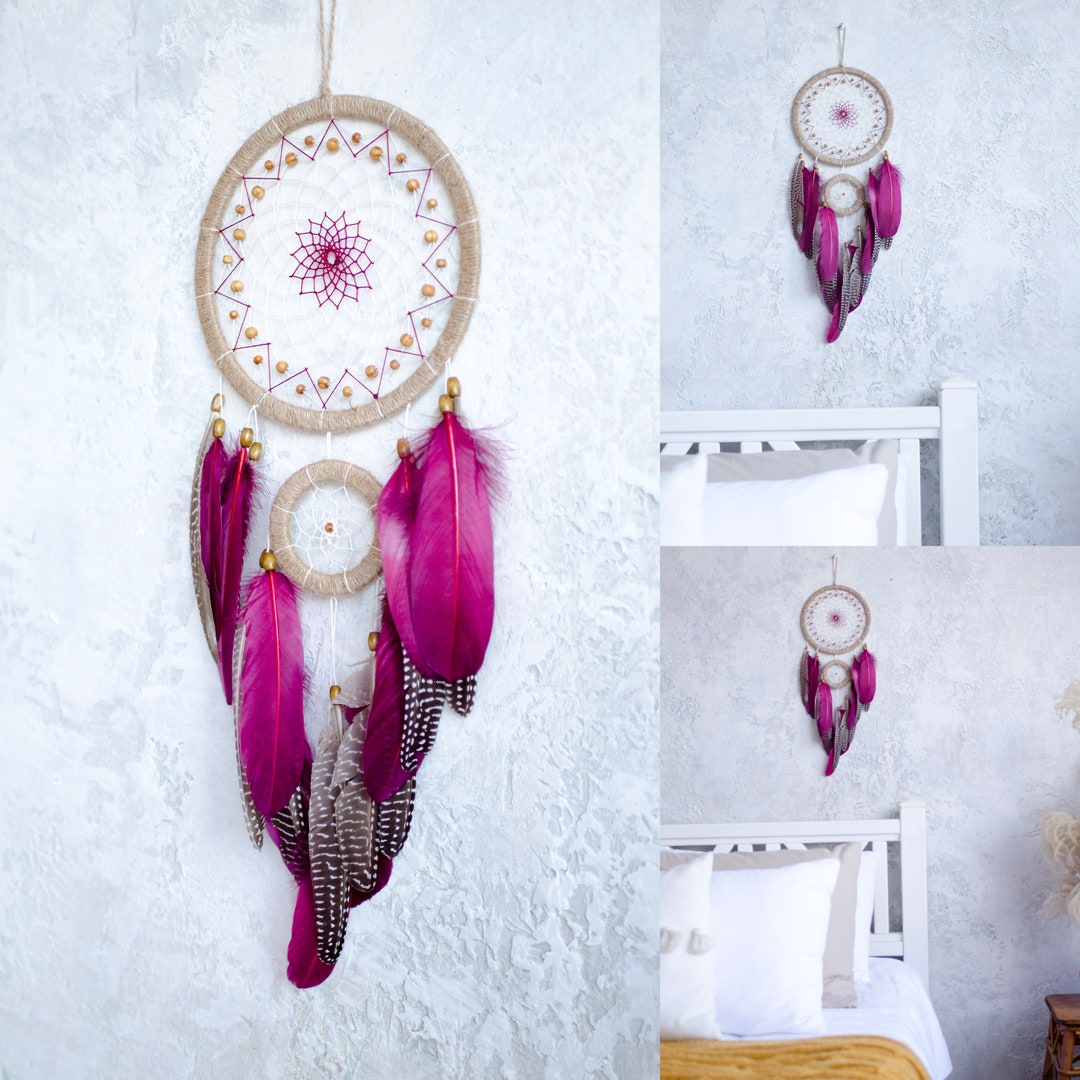 Atrapasueños rojo carmesí: Arte de pared con plumas naturales ...