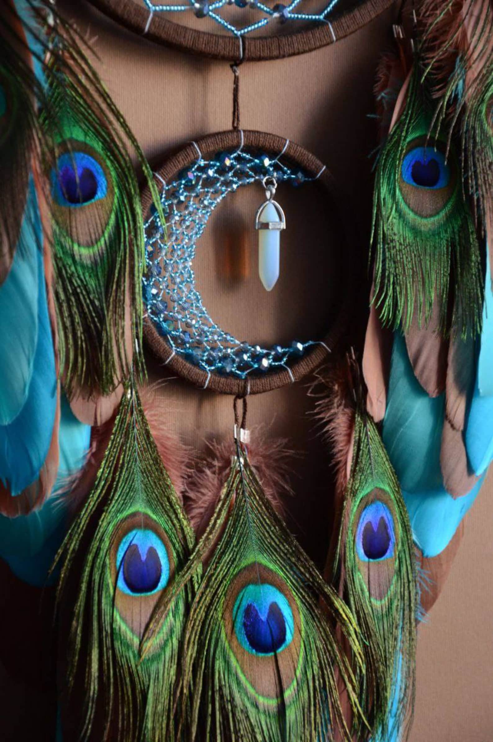 Large Crescent Moon Dream Catcher With Moonstone Crystal. Brown Blue ...