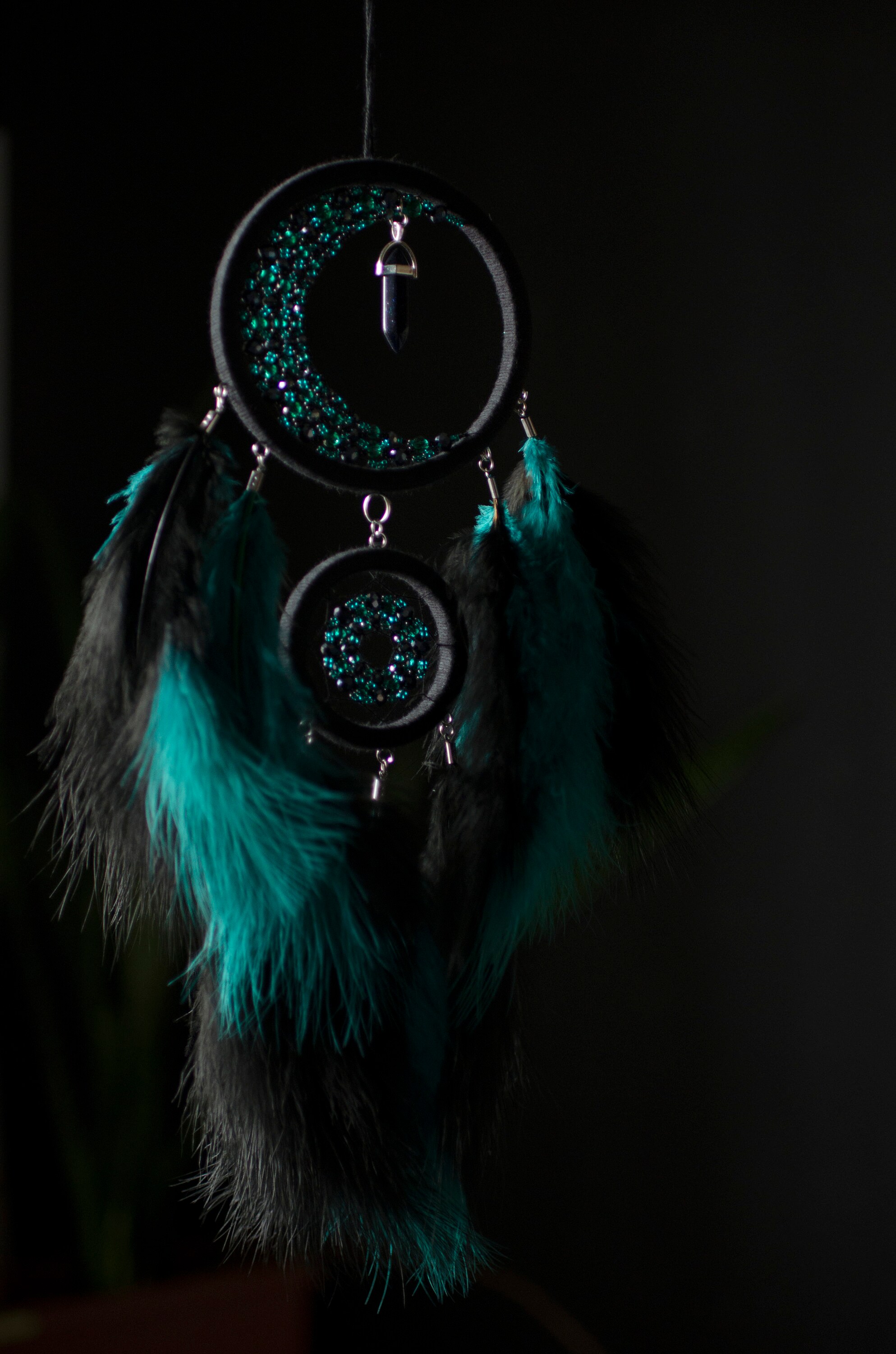 Crescent moon dream catcher with aventurine crystal. Black and | Etsy