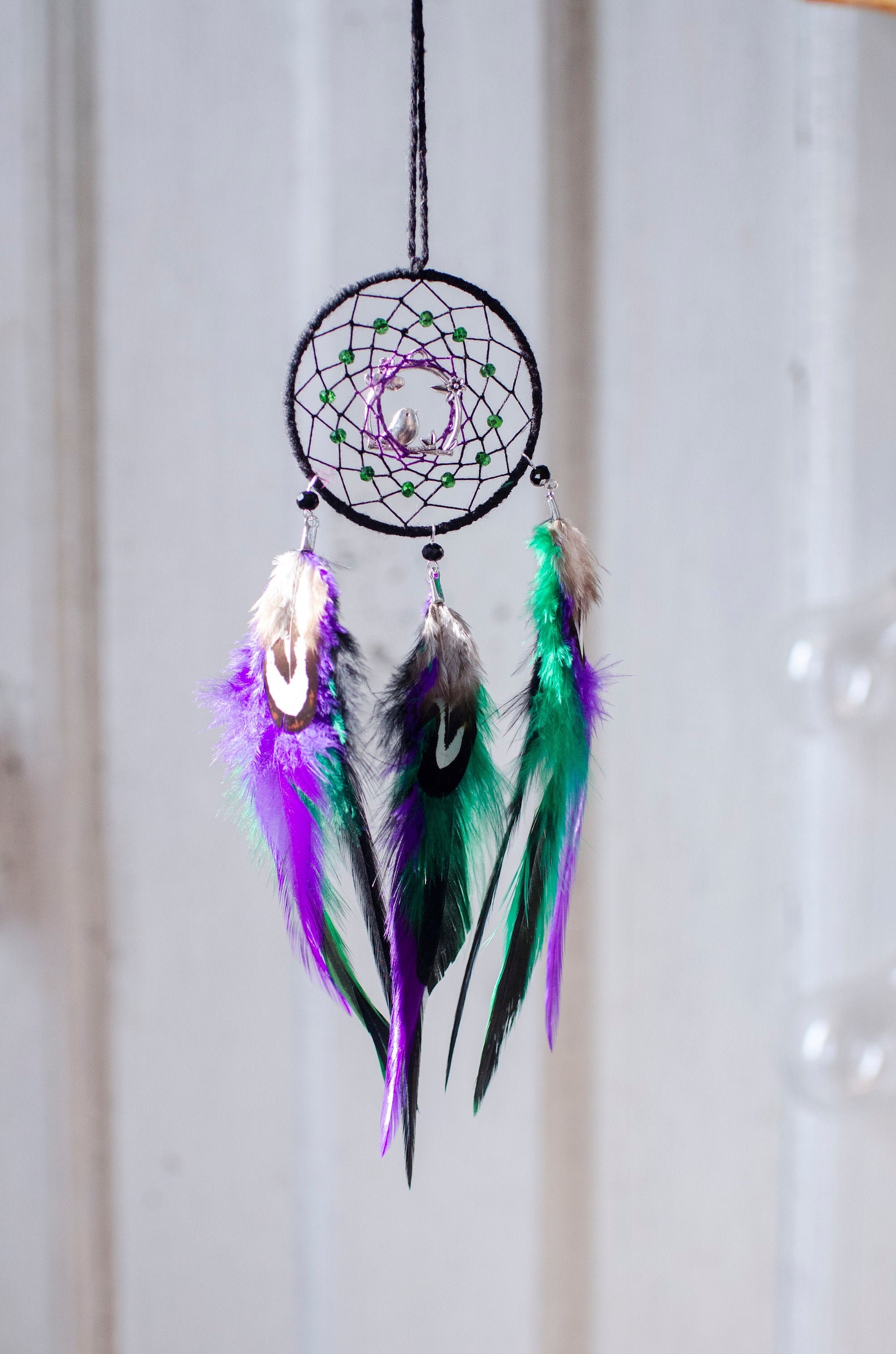 Dream Catcher for Car With Bird Charm. Purpla Black and Green - Etsy