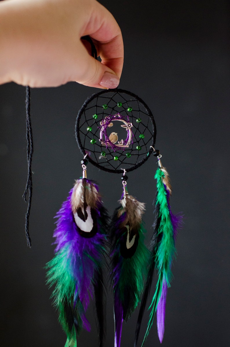 Dream Catcher for Car With Bird Charm. Purpla Black and Green - Etsy