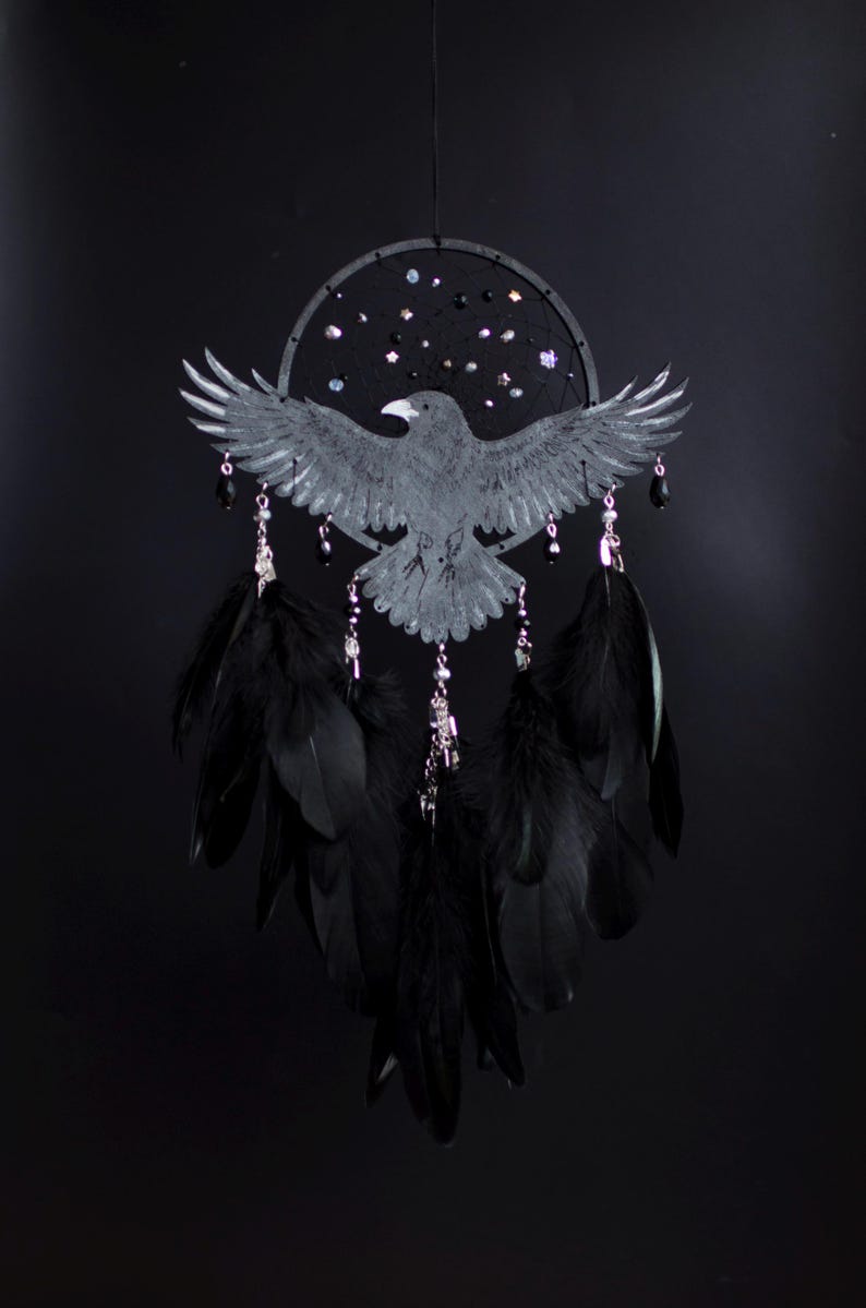 Crown Dream Catcher, Handcrafted Black Raven Wall Hanging, Gothic Boho ...