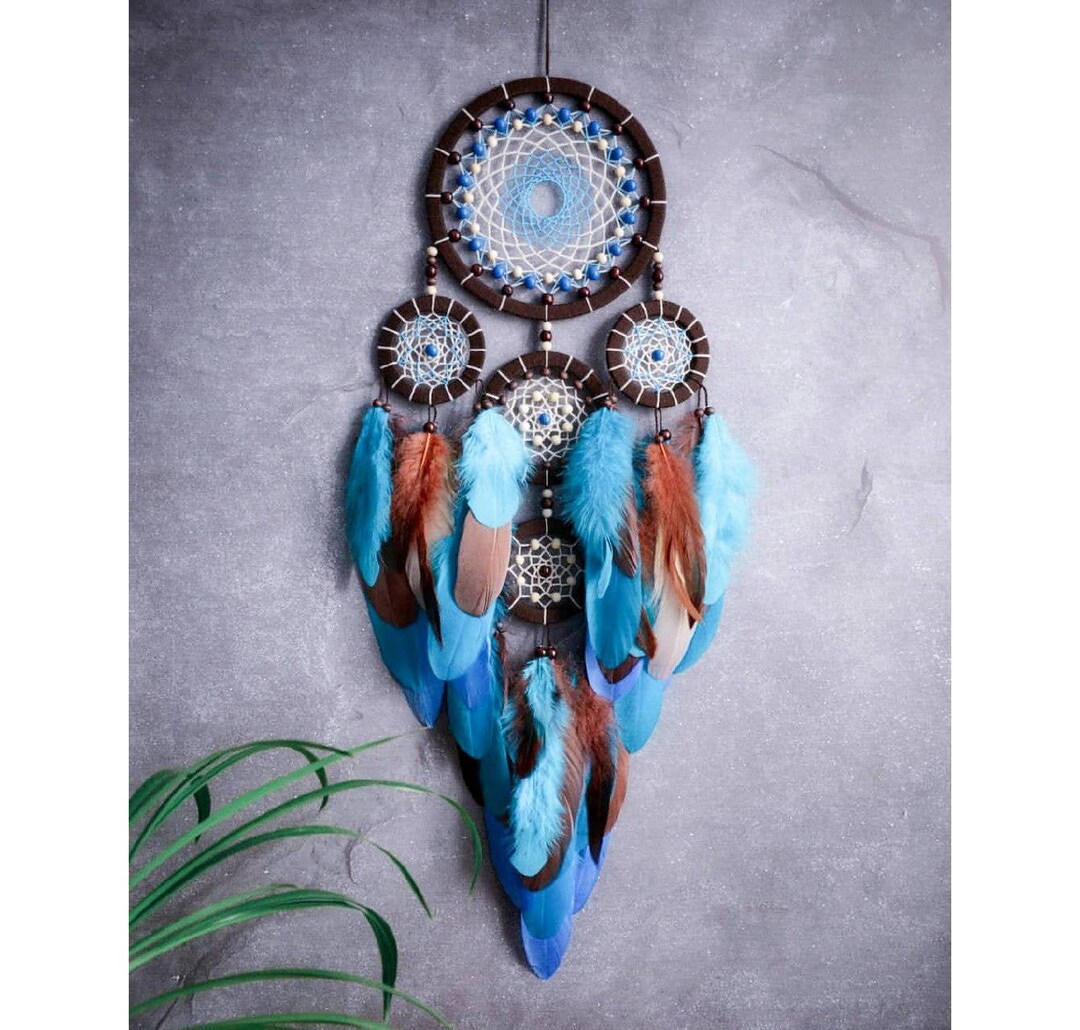 Large Feather Dream Catcher With 5 Rings. Blue Brown - Etsy