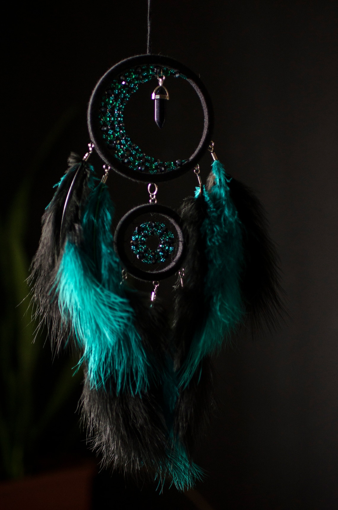 Crescent moon dream catcher with aventurine crystal. Black and | Etsy