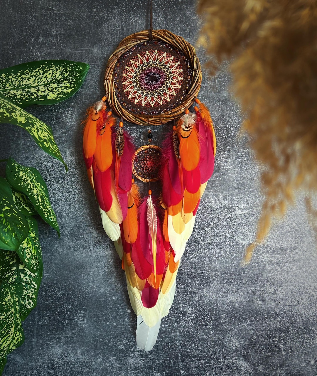 Large Handmade Dreamcatcher – Natural Willow Hoop With Red & Orange ...