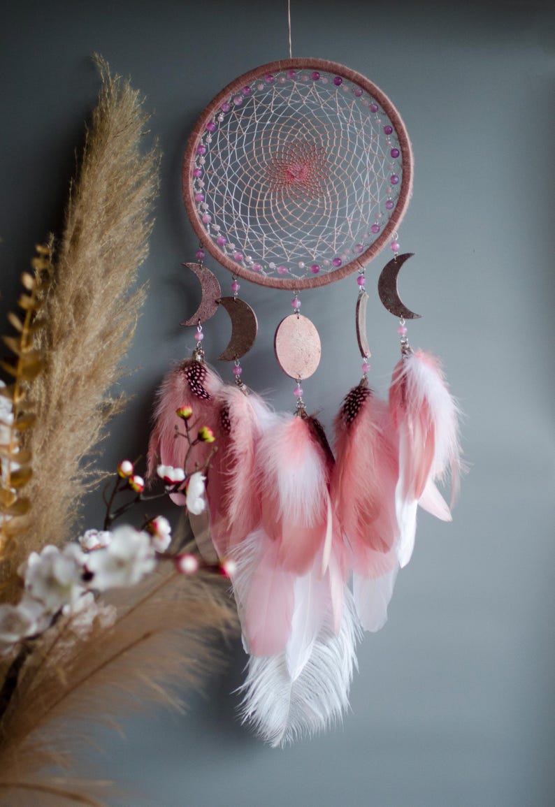Handcrafted Blush Pink Moon Phase Dreamcatcher: Boho Celestial Wall ...