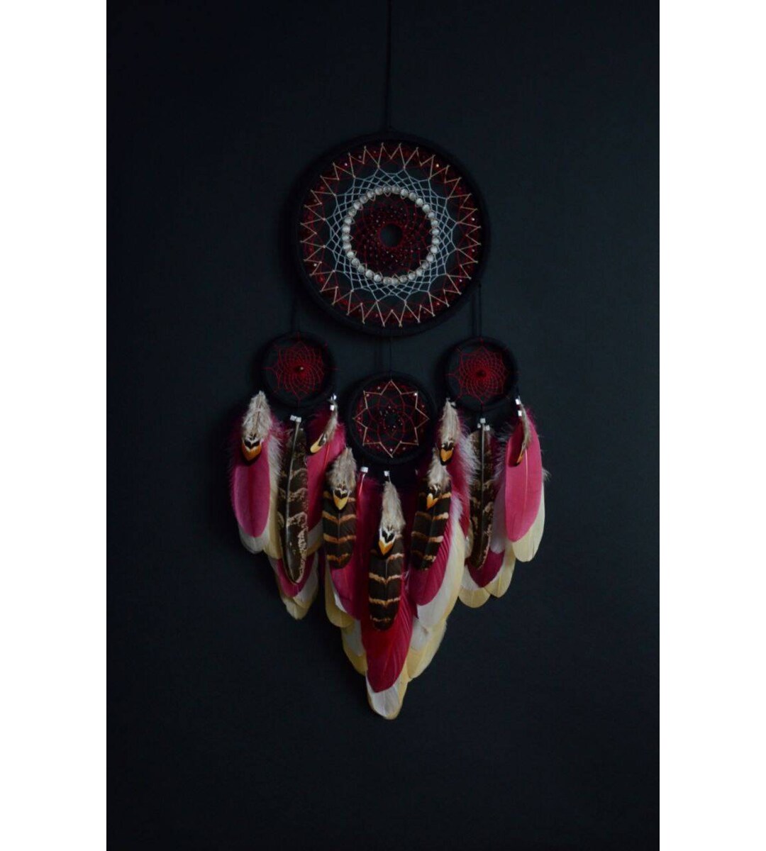 Garnet Red Dreamcatcher With Natural Feathers, Large Dream Catcher ...