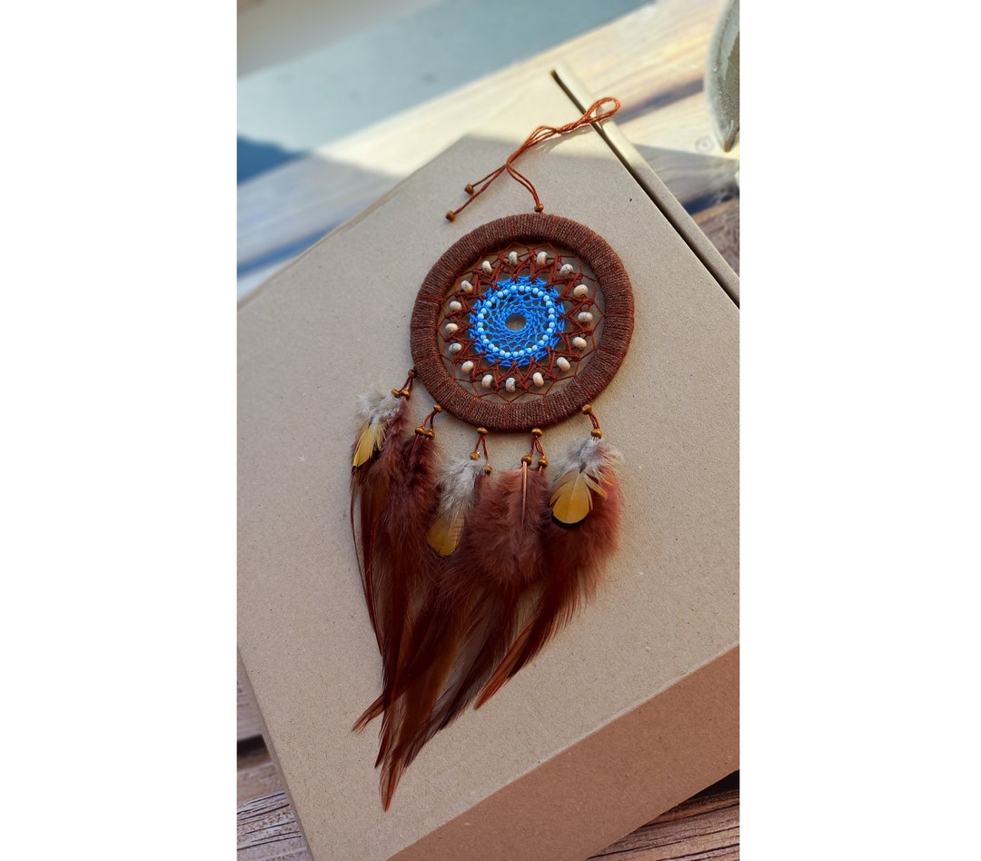 Native American Style Dream Catcher: Brown & Blue Rustic Decor - Etsy