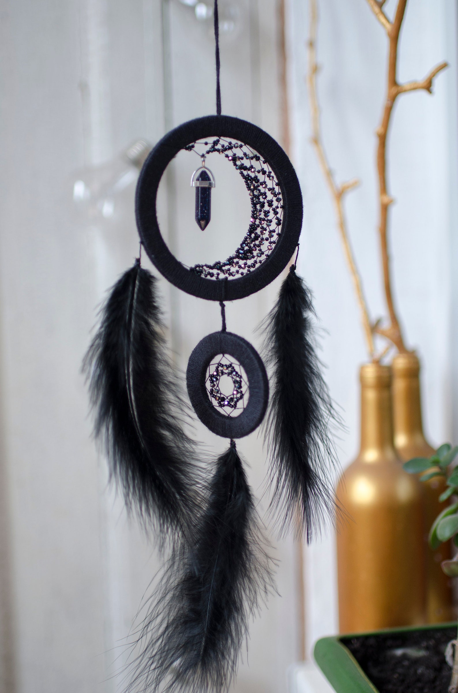 Black dream catcher with sparkling beads and aventurine | Etsy