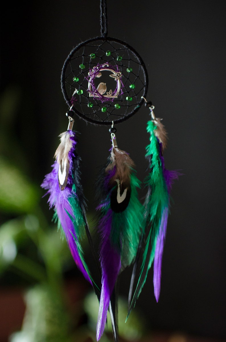 Dream Catcher for Car With Bird Charm. Purpla Black and Green - Etsy