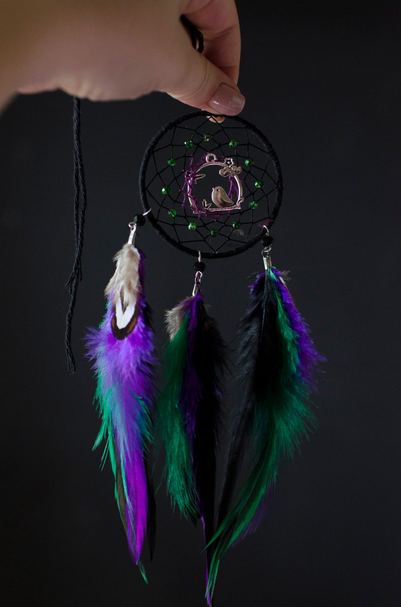 Dream Catcher for Car With Bird Charm. Purpla Black and Green - Etsy