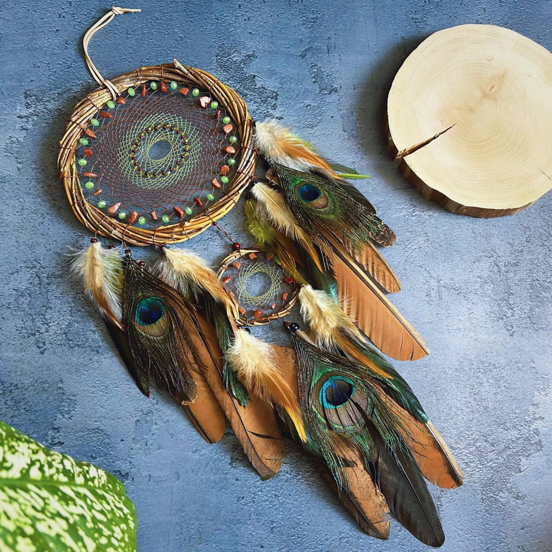 Large Authentic Willow Dream Catcher With Natural Feathers, Peacock ...