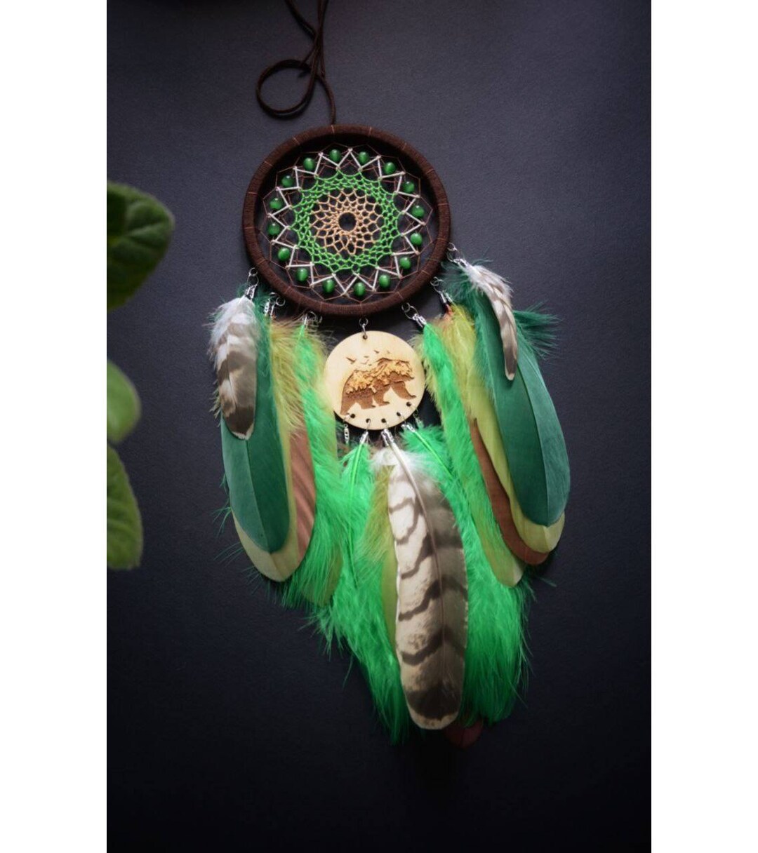 Handmade Natural Green Dream Catcher With Bear Totemic Animal - Forest ...