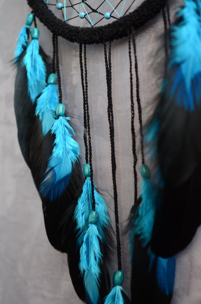 Large black dream catcher with turquoise blue feathers and | Etsy