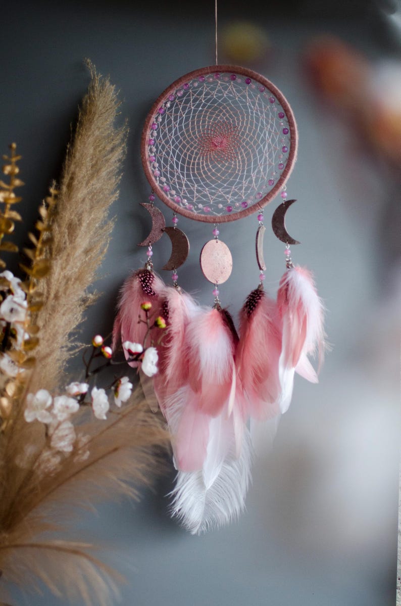 Handcrafted Blush Pink Moon Phase Dreamcatcher: Boho Celestial Wall ...