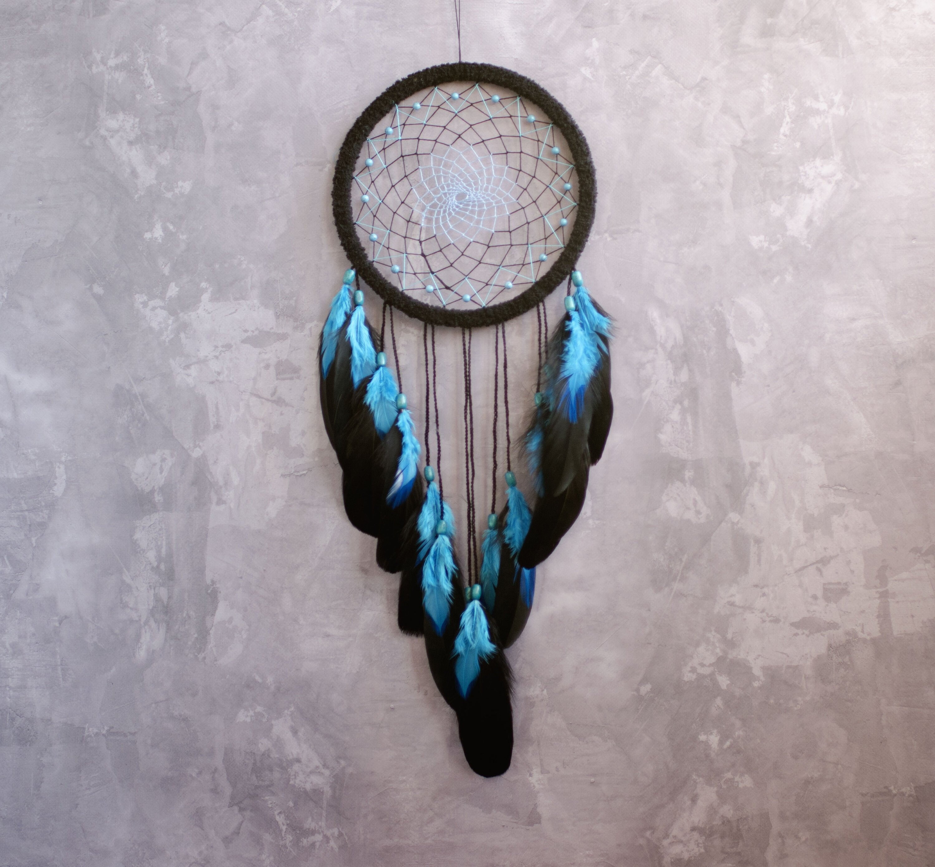Large black dream catcher with turquoise blue feathers and | Etsy