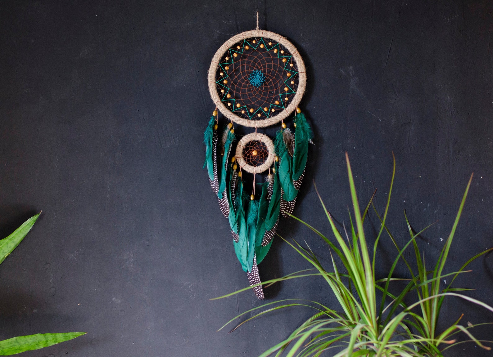 Dark green boho dream catcher. Large traditional dreamcatcher | Etsy