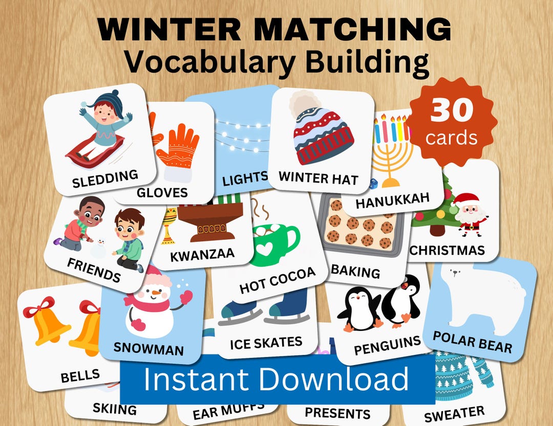 Printable Winter Flash Cards, Kindergarten Matching Game, December ...