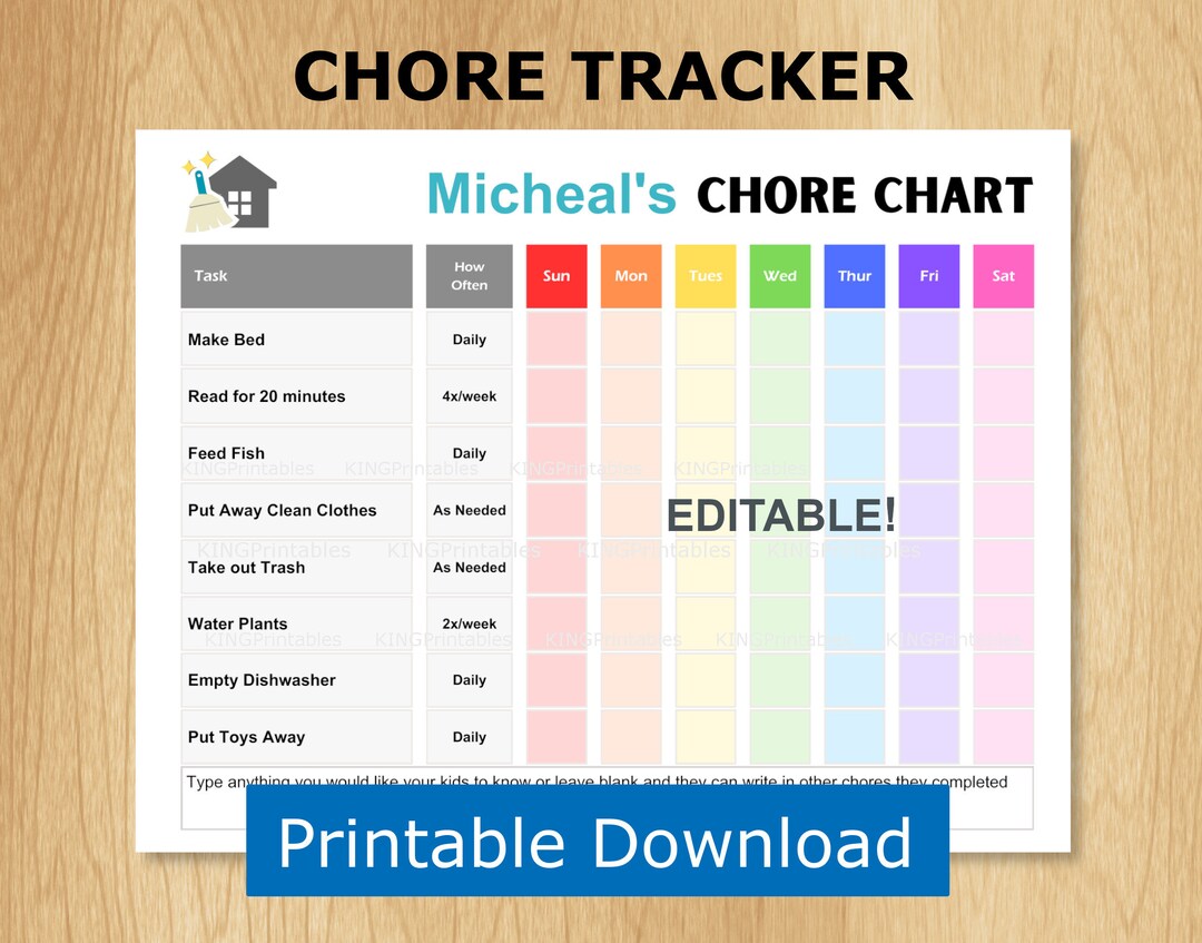 Kids Chore Chart, Editable Daily Household Chores Checklist, Printable ...