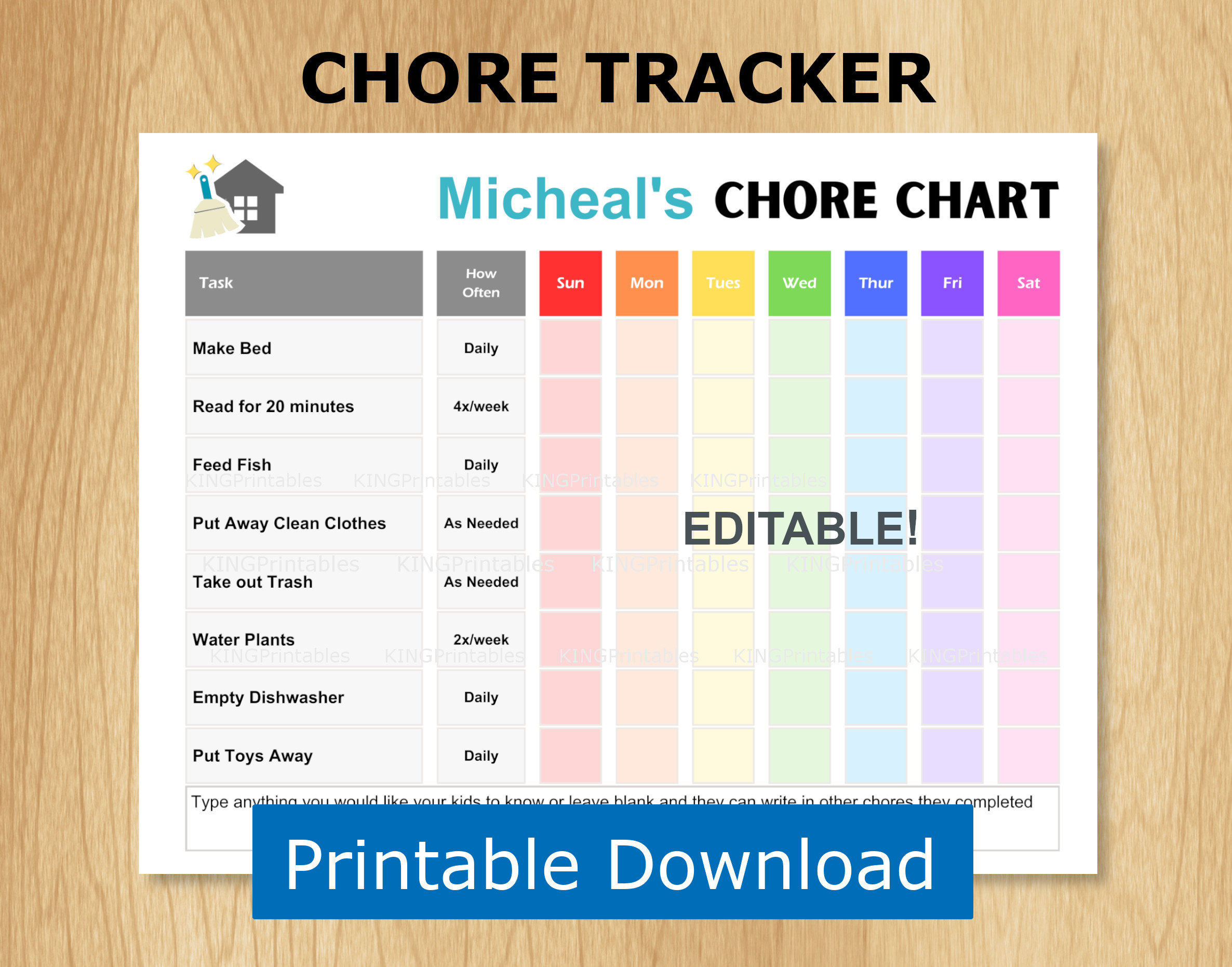 Kids Chore Chart, Editable Daily Household Chores Checklist, Printable ...