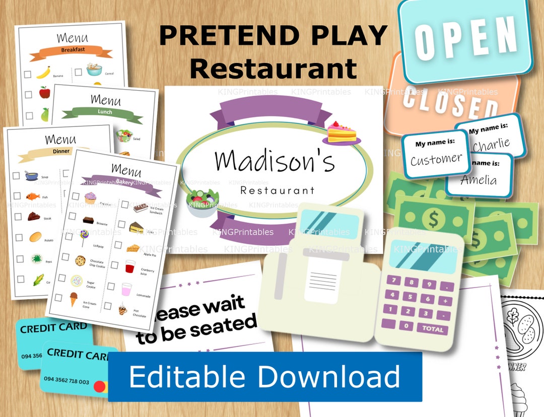 Customizable Restaurant Dramatic Play Kit Printable, Pretend Play ...