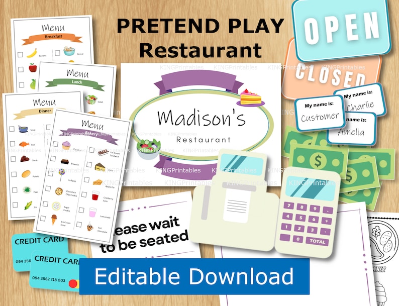 Customizable Restaurant Dramatic Play Kit Printable, Pretend Play ...