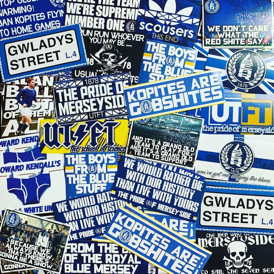 100 X Everton Stickers - Based on Scarf Shirt Banner Programme EFC ...