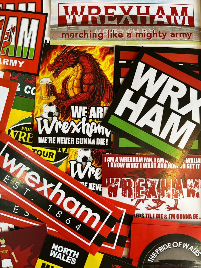 100 X Wrexham Stickers - Based on Poster Shirt Football Scarf Pin Badge ...