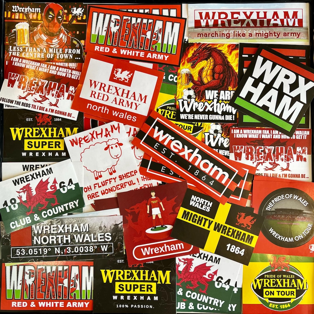 100 X Wrexham Stickers - Based on Poster Shirt Football Scarf Pin Badge ...