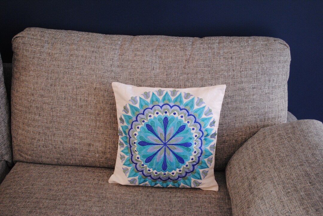 Mandala Cushion, Blue Embroidered Mandala Cushion, Bohemian Cushion in ...